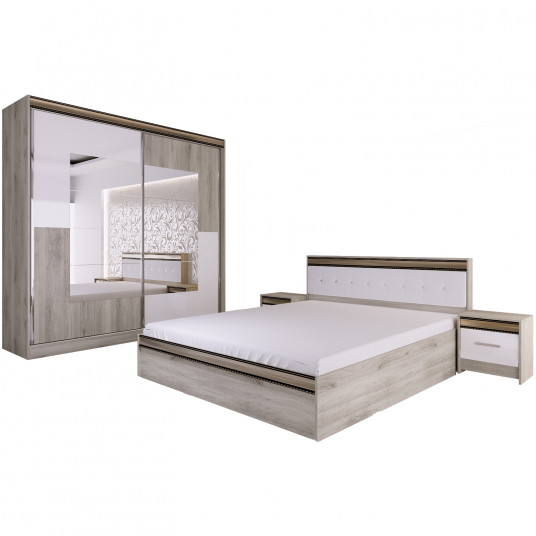 Dormitor Irim Marina Pat 160x200 cm Dulap 2 Noptiere Culoare Sonoma/Alb.