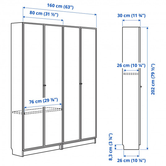IKEA BILLY / HOGBO Combinatie biblioteca cu usi sticla, alb, 160x202 cm